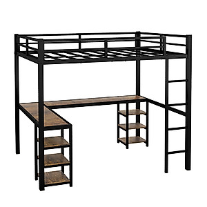 CITYLIGHT Full Size Loft Bed with L Shaped Desk and Storage Shelves Metal Full Loft Bed with Built-in Ladders and Guardrails, Noise Free, No Box Spring Needed (Full, Black)