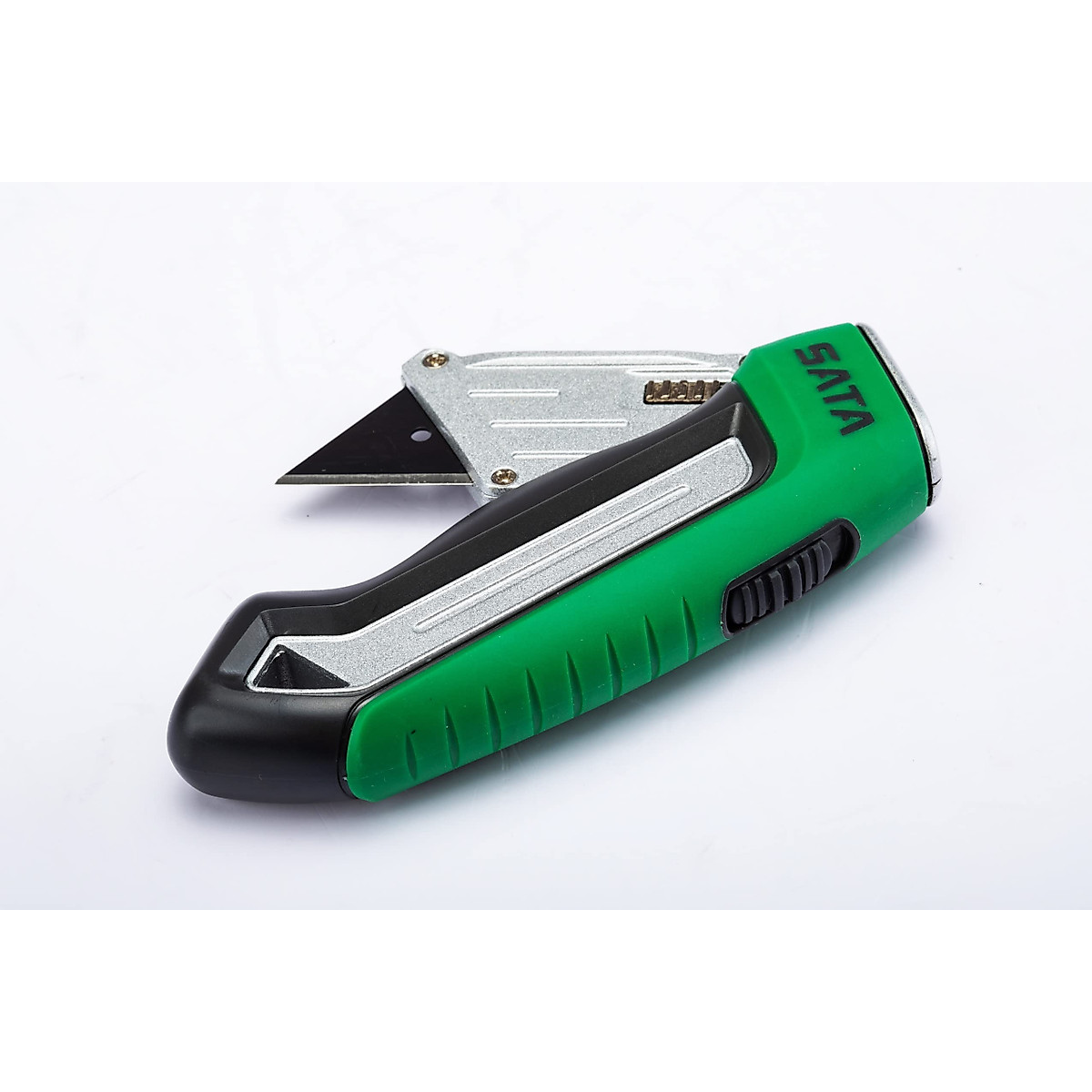 SATA T-Series Folding Utility Knife with Easy-Access Blade Storage in the Body and a Green Dual Material Handle - ST93486