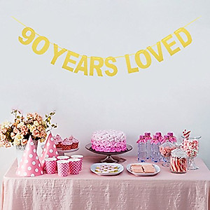 Qibote Gold Glitter 90 Years Loved Banner for 90th Birthday, 90 Wedding Anniversary Party Decorations