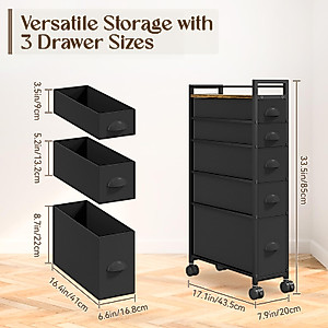 LASZOLA 5 Drawer Narrow Dresser Slim Cabinet Skinny Storage Tower Chest, Ideal for Small Spaces Bathroom Bedroom, Between Washer and Dryer, Lightweight Mobile on Wheels, Sturdy Fabric Drawers, Black