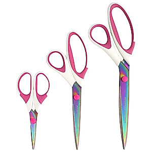 BambooMN Titanium Softgrip Scissors Set for Sewing, Arts, Crafts, Office - 1 set of 3 - White w/Pink Inlays