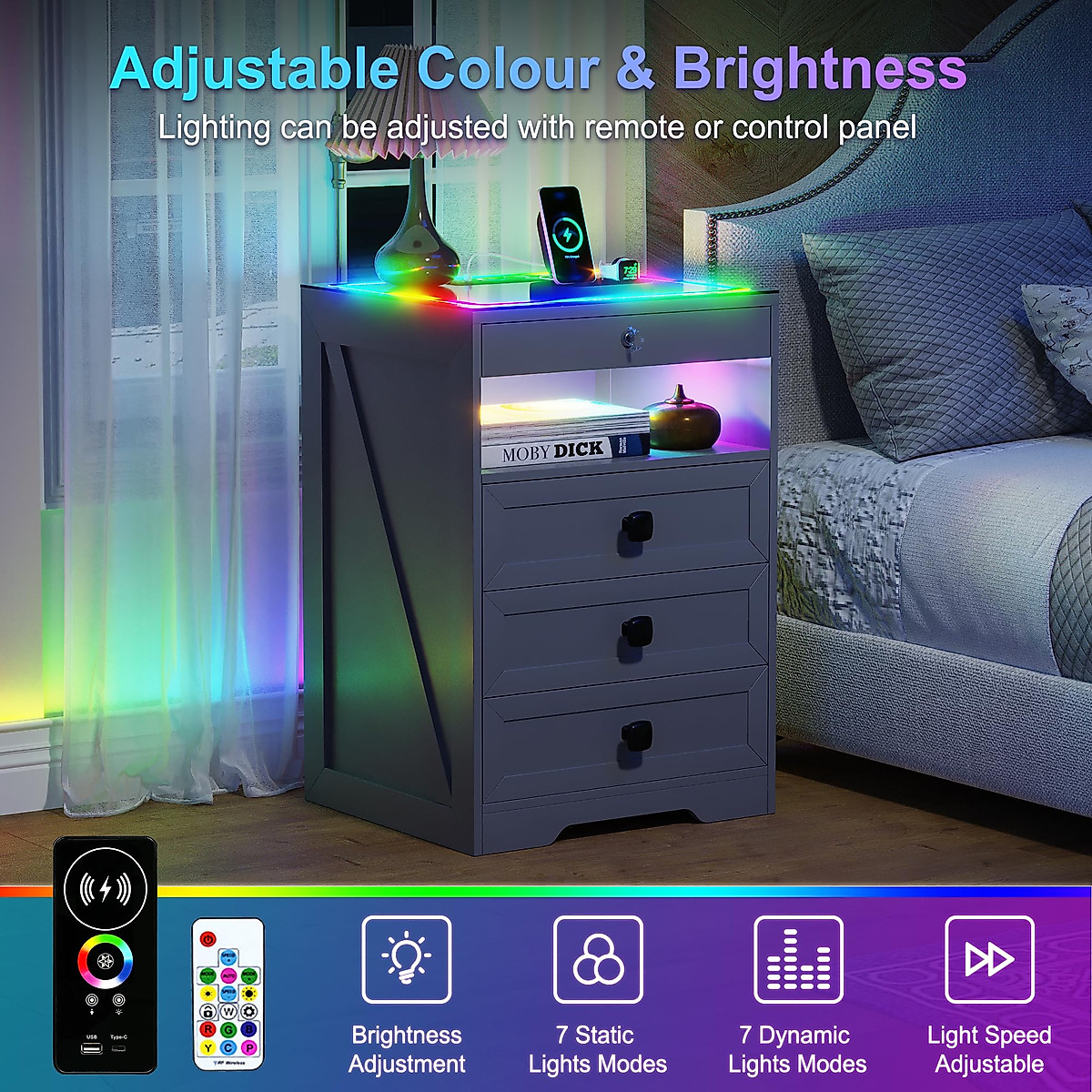 Lvifur RGB Nightstand with Gun Drawer, Glass Top Bedside Table with Wireless Charger Station, LED Night Stand with Human Sensor Design, Modern End Table for Bedroom Living Room (White)