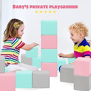 TRENDBOX 6 Pcs Toddler Foam Blocks, 5.5inch Soft Foam Cubes Blocks with Detachable Washable Cover, Soft Play Blocks for Toddlers and Kid （Light Gray/Pink/Blue）…
