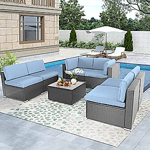 SOLAURA 7-Piece Outdoor Patio Furniture Set, Gray Wicker Conversation Furniture Modular Sectional Sofa Set with YKK Zipper &Coffee Table - Sky Blue
