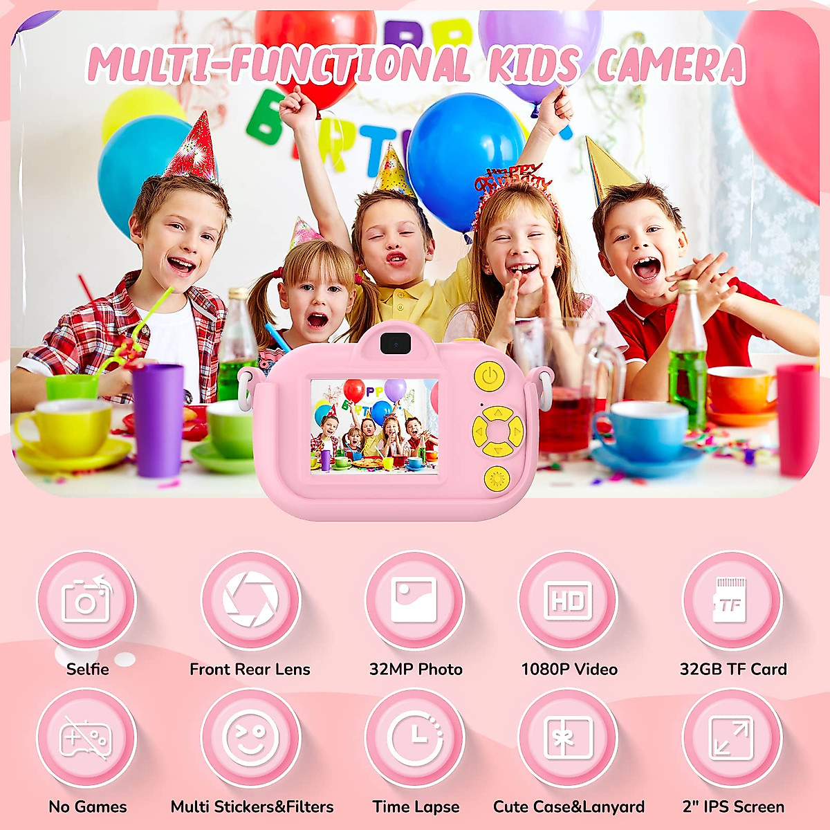 ENGUNS Kids Camera for Girls Age 3-12, 32MP HD Digital Camera for Kids, Dual Lens Toddler Camera, Video Camera for Toddlers, Girls Birthday Gifts Toys