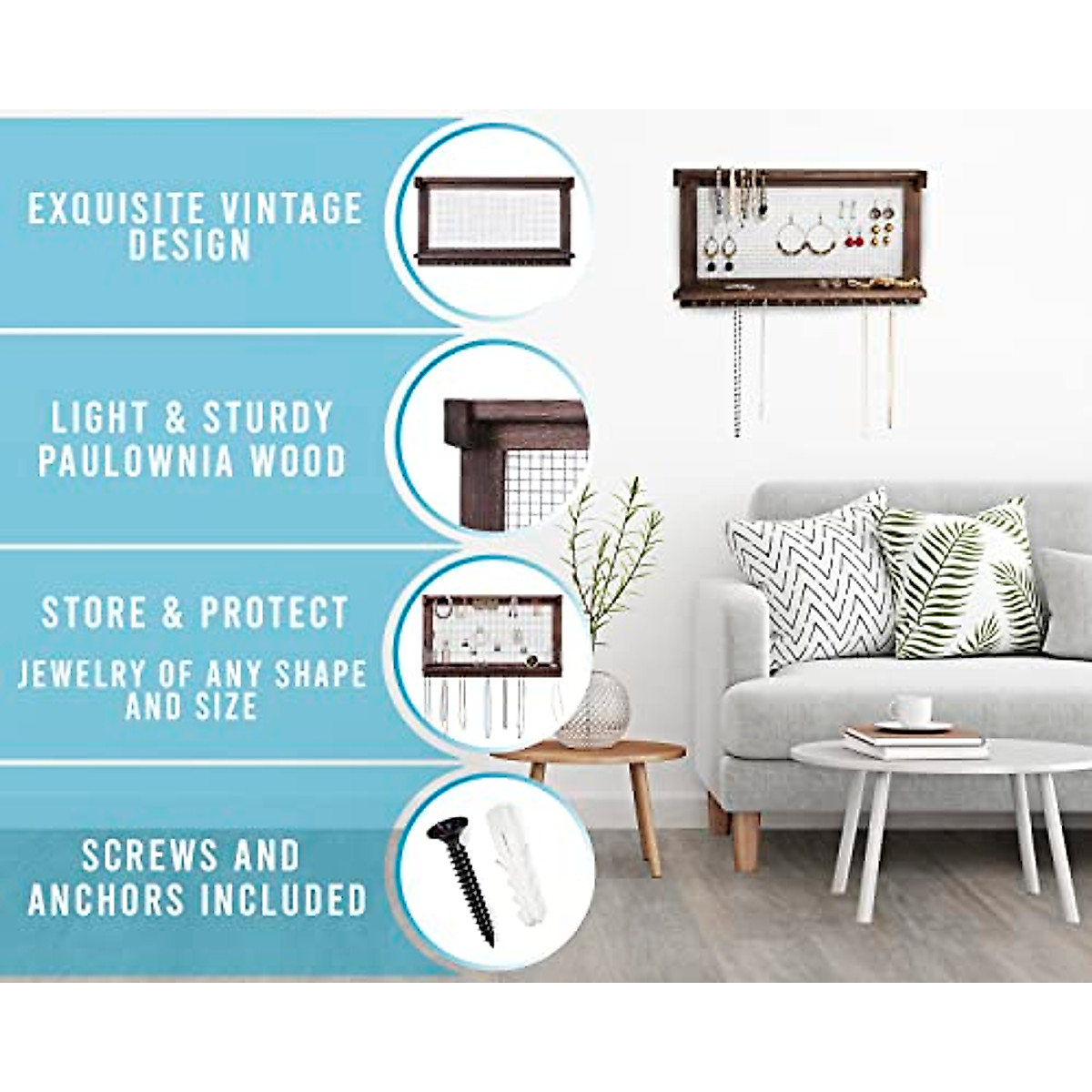 Rustic Jewelry Organizer – Wall Mounted Jewelry Holder with Removable Bracelet Rod, Shelf and 16 Hooks – Perfect Earrings, Necklaces and Bracelets Holder – Vintage Jewelry Display – Torched Brown