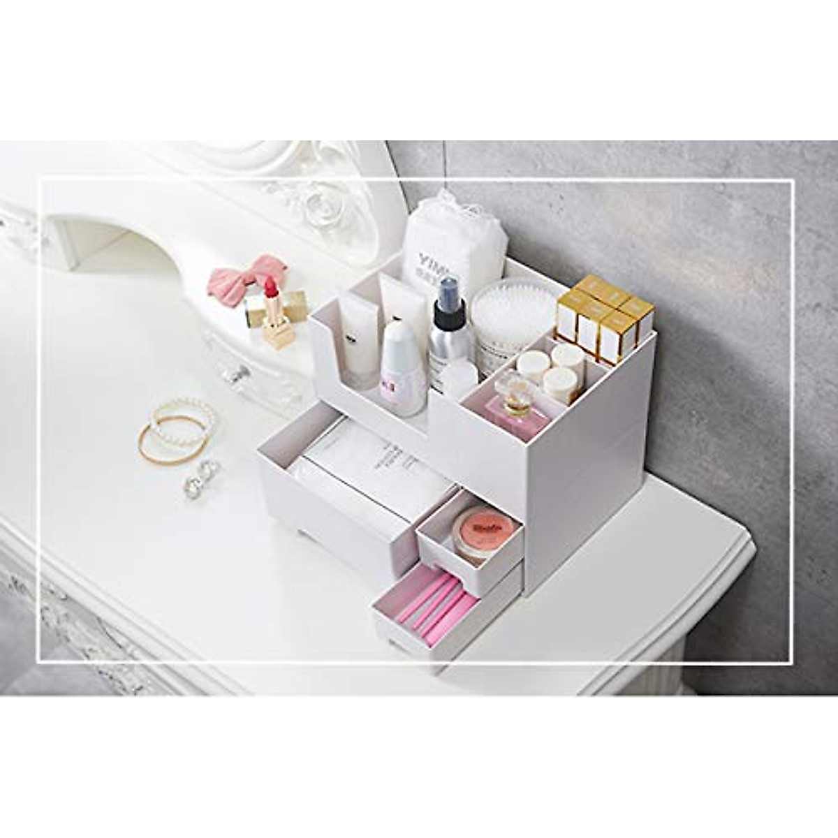 Yarlung Stackable Makeup Organizer with Drawers, Plastic Storage Box Countertop Display Case for Desk Sundry, Bathroom Vanity, Lipsticks, Cosmetic, White