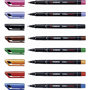 STABILO PERMANENT OHP UNIVERSAL MARKER PENS - WALLET of 8 (ASSORTED COLOURS) - FINE 0.7MM 842/8