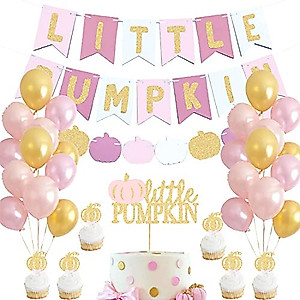 HEETON Little Pumpkin Banner Pink Girl Pumpkin Cake Topper Fall Baby Shower Birthday Halloween Thanksgiving Pumpkin Party Decorations Supplies Photo Booth Props