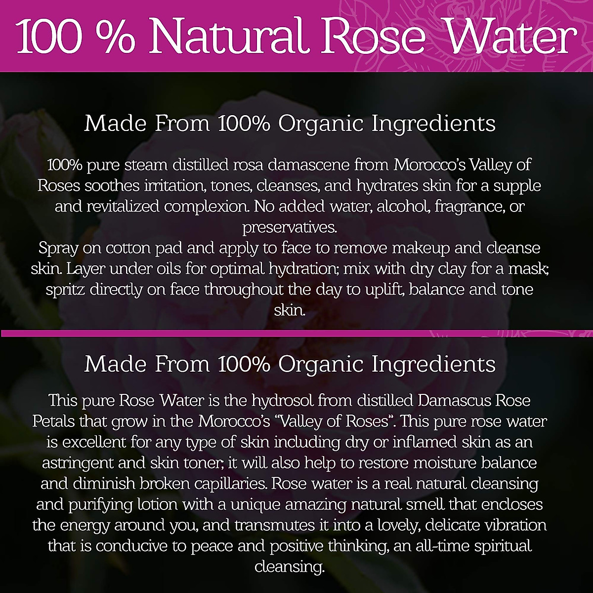 Morgan Cosmetics Organic Rose Water Spray for Face - Rose Water Spray Natural - 100% Rose Water - rosewater facial toner 4 Oz