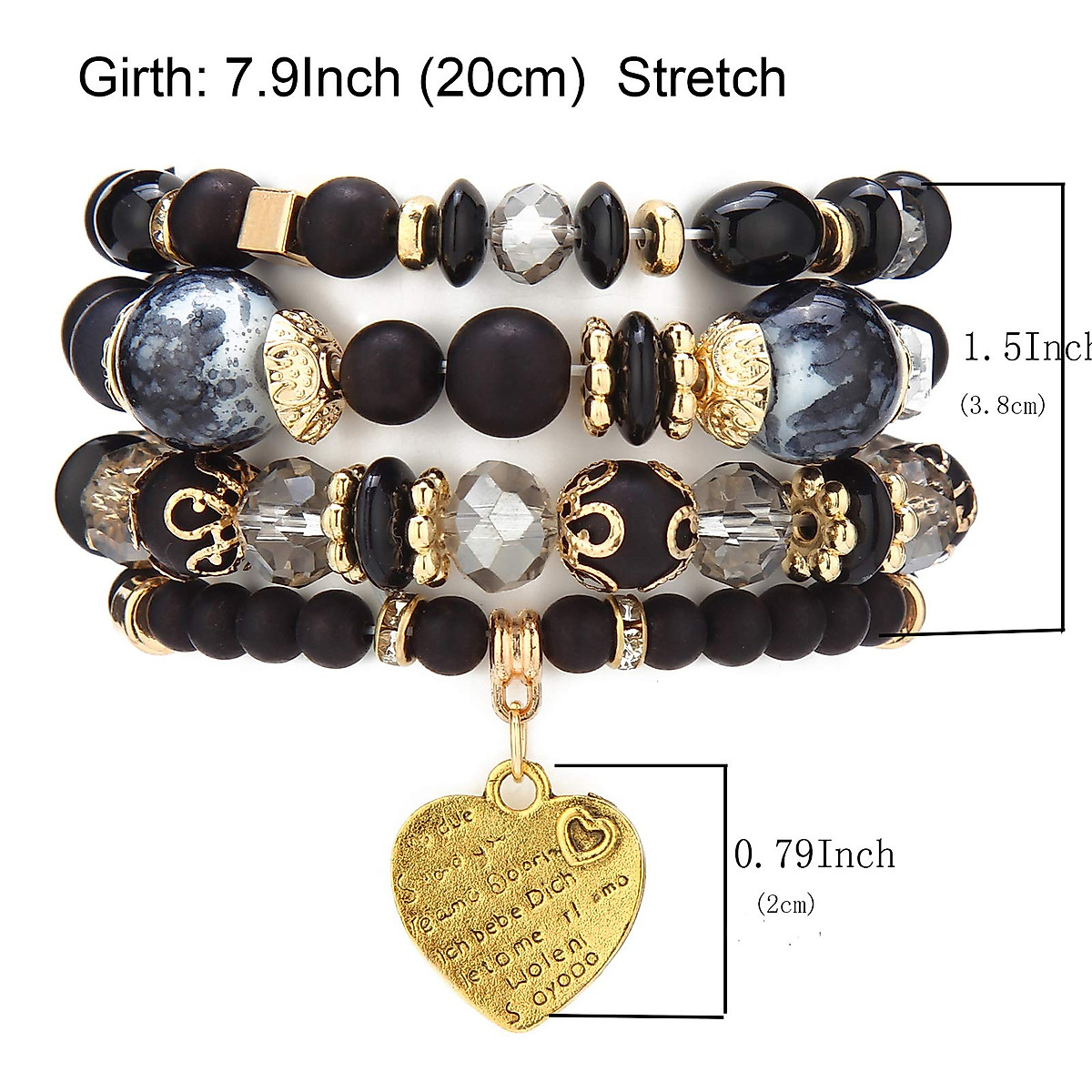 LUBINGSHINE Boho Multilayer Crystal Beads Heart Charm Bracelets for Women Vintage Man Bracelets Yoga Bangles Wrap Bracelet Ethnic Jewelry (Black)