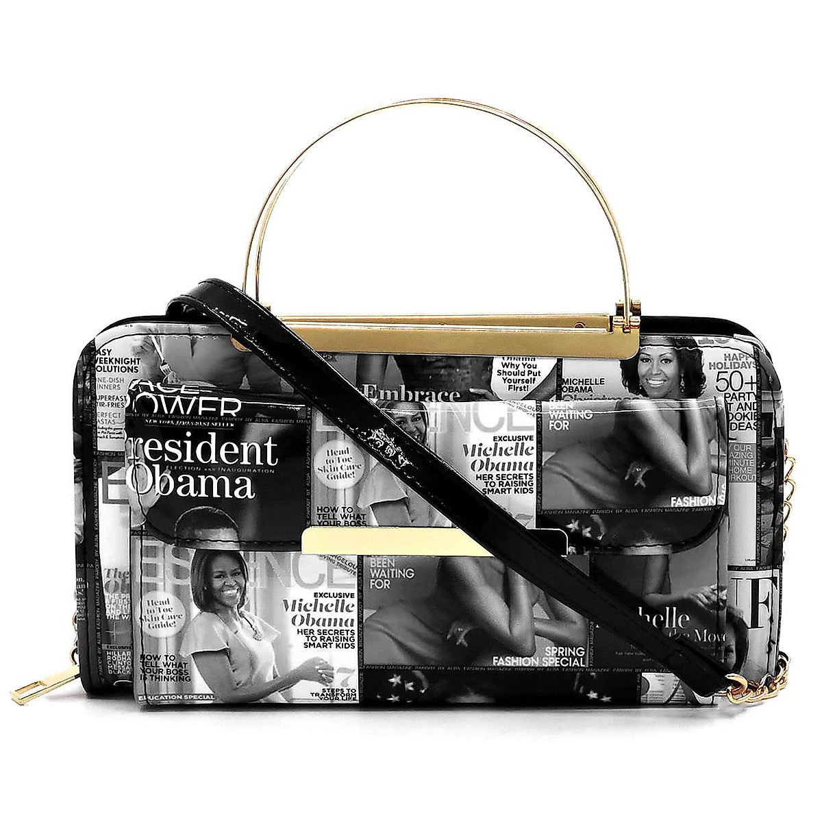 Magazine Cover Collage Round Top Handle Crossbody Bag Clutch Wallet (Grey/black)