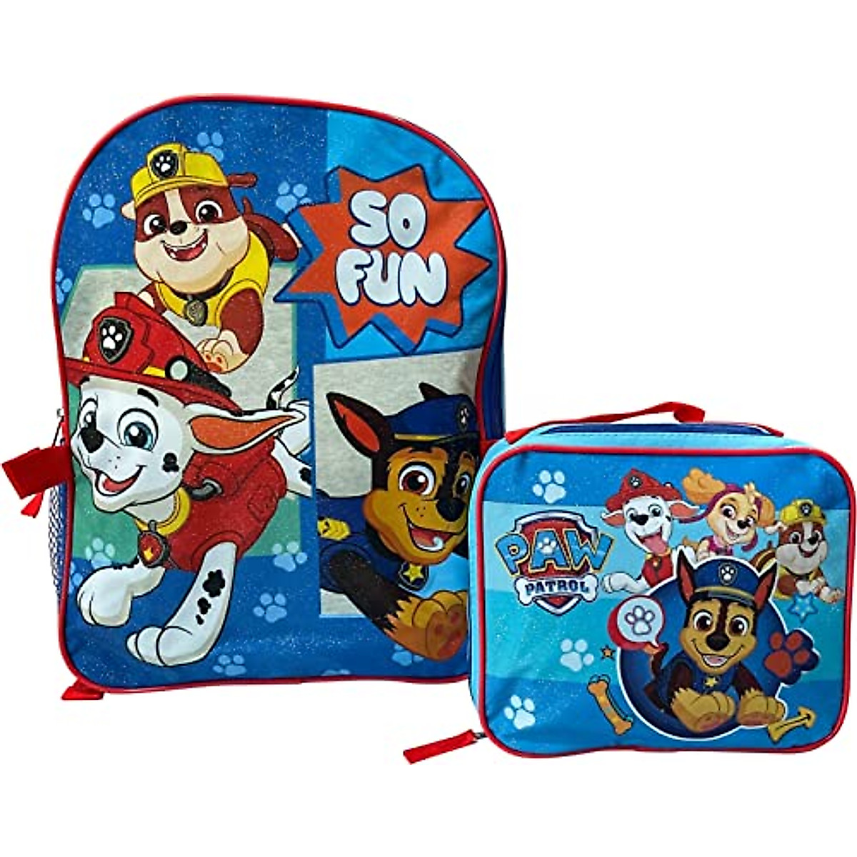 Fast Forward Paw Patrol So Fun 15 Inch Kids Backpack With Removable Lunch Box Set (Blue-Red)