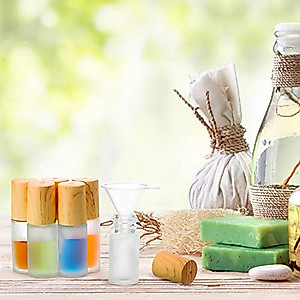 10 Piece Frosted Glass Roller Bottle Bulk with Imitation Wood Grain Plastic Cap for Essential Oils Roll-on Bottle with Stainless Steel Roller Ball, 10 Piece Plastic Pipette and 2 Piece Funnel (5ml)