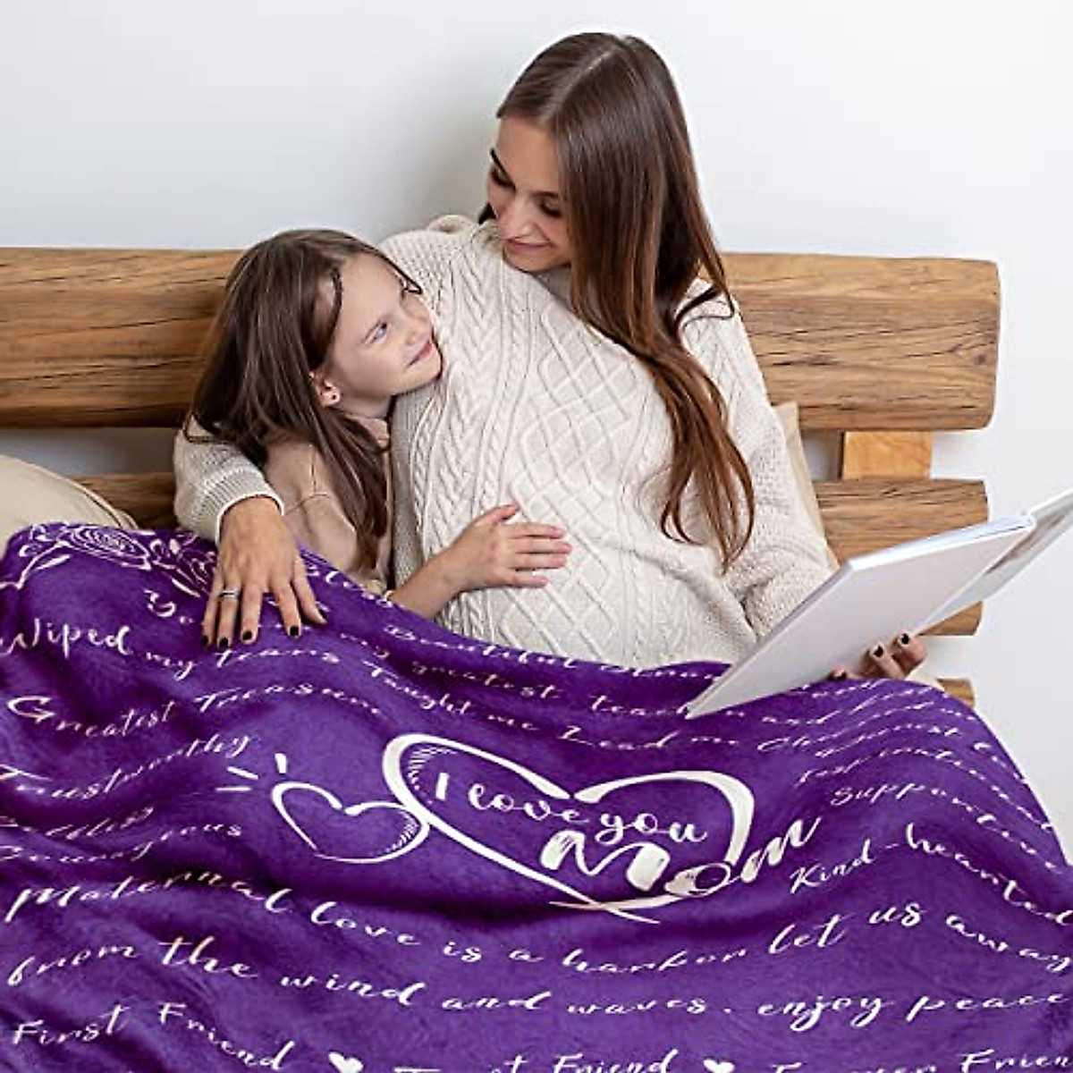 CHEERHOUR Mom Gifts from Daughter Son on Mothers Day - I Love You Mom Blanket 65x50 - Gifts for Mom Who Has Everything - Last Minute Mother Gifts Basket Ideas for Wife - Purple