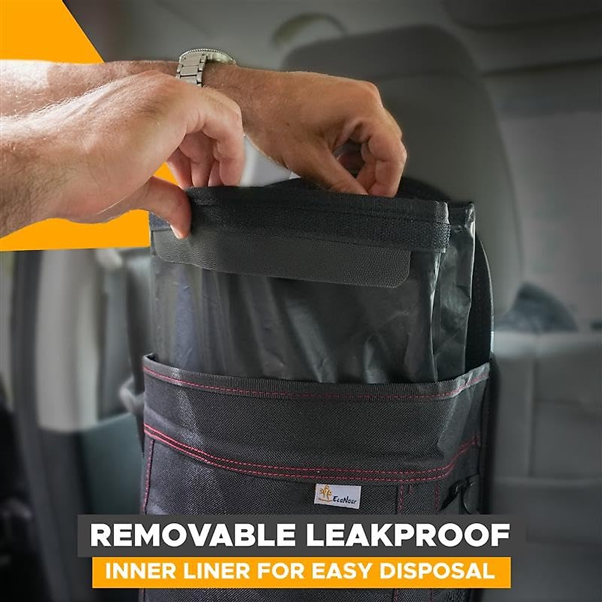 EcoNour Car Trash Can with Lid & Storage Pockets | Waterproof Garbage Can | Hanging Trash Bin with Removable Inner Bag | Trash Can for SUVs, Trucks & More | Black