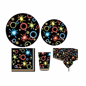 Serves 30 Complete Party Pack Neon Glow Party Supplies 9" Dinner Paper Plates 7" Dessert Paper Plates 9 oz Cups 3 Ply Napkins 1 Table Cover Size: 54" x 108" Neon Glow Party Theme