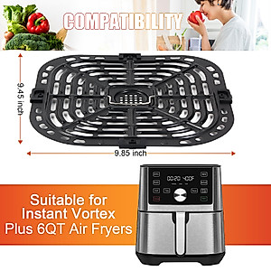 Upgraded Air Fryer Grill Pan for Instant Vortex Plus 6QT Air Fryers, Non-Stick Air Fryer Plates with Air Fryer Rubber Bumpers, Square Air Fryer Grill Plate with Holes, Dishwasher Safe