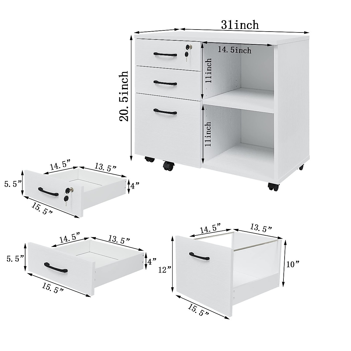 Gyger 3 Drawer File Cabinet for Home Office, Lateral Filing Cabinet with Open Storage Shelf, Mobile Lateral Printer Stand with Wheels and Storage，Wood File Cabinet with Lock(White)