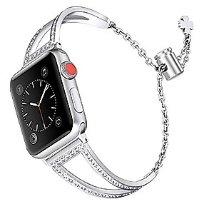 Secbolt Bling Bands Compatible with Apple Watch Band 38mm 40mm 41mm iWatch Series 8/7/6/5/4/3/2/1/SE, Women Dressy Metal Jewelry Bracelet Bangle Wristband Stainless Steel, Silver