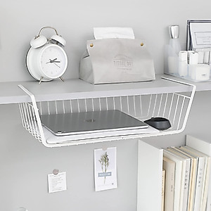 ELEATTRUN Under Shelf Basket, 2 x Medium Metal Wire Kitchen Storage Basket, Space Saving Sliding Organizer for Pantry, Cabinet & Closet Shelves, 22 lb Capacity, White