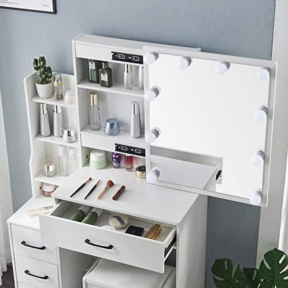 tojump White Vanity Set with Charging Station & LED Lighted Mirror, Modern Makeup Vanity Desk Dressing Table with Cushioned Stool & Drawers Chest for Bedroom (Vanity C3)