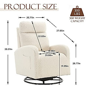 KINFFICT Modern Swivel Glider Chair, Upholstered Accent Glider Rocker for Baby Nursery, Comfy Tall Back Rocking Armchair with Side Pocket and Headrest for Living Room, Bedroom, White Teddy Fabric