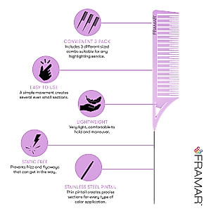 Framar Dreamweaver Highlight Comb Set – Combs for Hair Stylist, Highlighting Comb, Hair Dye Comb, Hair Highlighter Comb with Metal Pick, Balayage Comb - 3 Pack Pastel