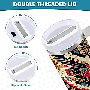 Jihqo Indian Ethnic Pattern 40 oz Stainless Steel Vacuum Insulated Tumbler with Handle and Straw Lid, Leakproof Water Bottle Double Wall Travel Mug Coffee Cup, Cupholder Friendly