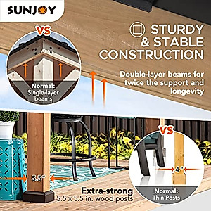 Sunjoy Hardtop Gazebo 13' X 15' Cedar Framed Wood Gazebo with Brown Double Steel Hardtop Roof Permanent Canopy for Garden, Backyard Shade