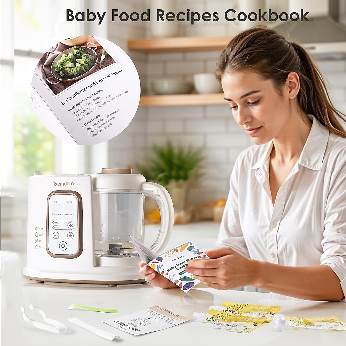 Gemdom Large 4.5 Cup Baby Food Maker, 4-1 Steamer and Blender Food Processor for Homemade Organic Puree Smoothie Mash, Sterilize and Warm Function, 6 Pack Reusable Food Pouches, Baby Essentials
