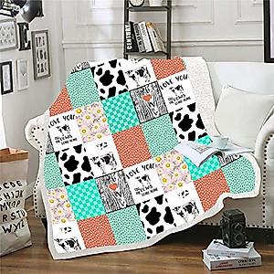 WGFAKJMO Cow Blanket Cute Cow Print Blanket Cow Beding Sherpa Fleece Throw Blanket Farm Animals Blanket Warm and Plush Cow Print Throw Blankets for Bed Sofa Travel Couch（Green，(50 x 60 in)）