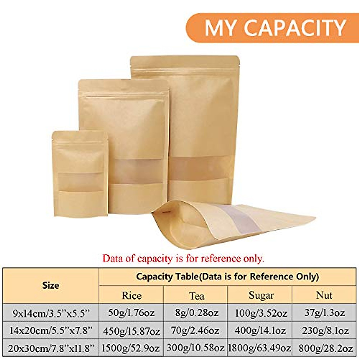 Stand Up Pouch Bags 50 Pcs Kraft Bags with Window Zip Sealable Bags for Food Resealable Bags for Small Business 4x6 Inches