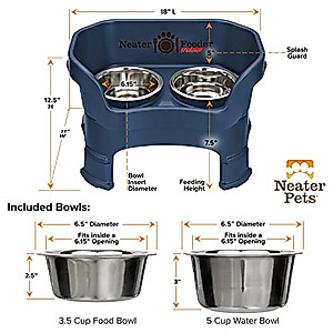 Neater Feeder Deluxe with Leg Extensions for Medium Dogs - Mess Proof Pet Feeder with Stainless Steel Food & Water Bowls - Drip Proof, Non-Tip, and Non-Slip - Dark Blue