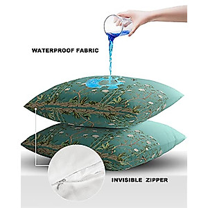 Pack of 2 Waterproof Outdoor Pillow Covers, Floral and Birds Decorative Throw Pillow Covers Square Pillowcases Cushion Covers for Patio Garden 16x16 Inch Abstract Art Ombre Blue and Green