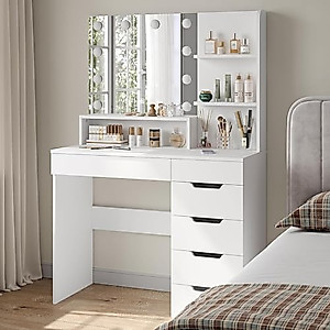 Diwnnue Vanity Desk with LED Lighted Mirror, Makeup Vanity Table Set with 6 Drawers, 3 Color Lighting Modes Brightness Adjustable, Hidden Wiring, Dressing Table for Bedroom, White