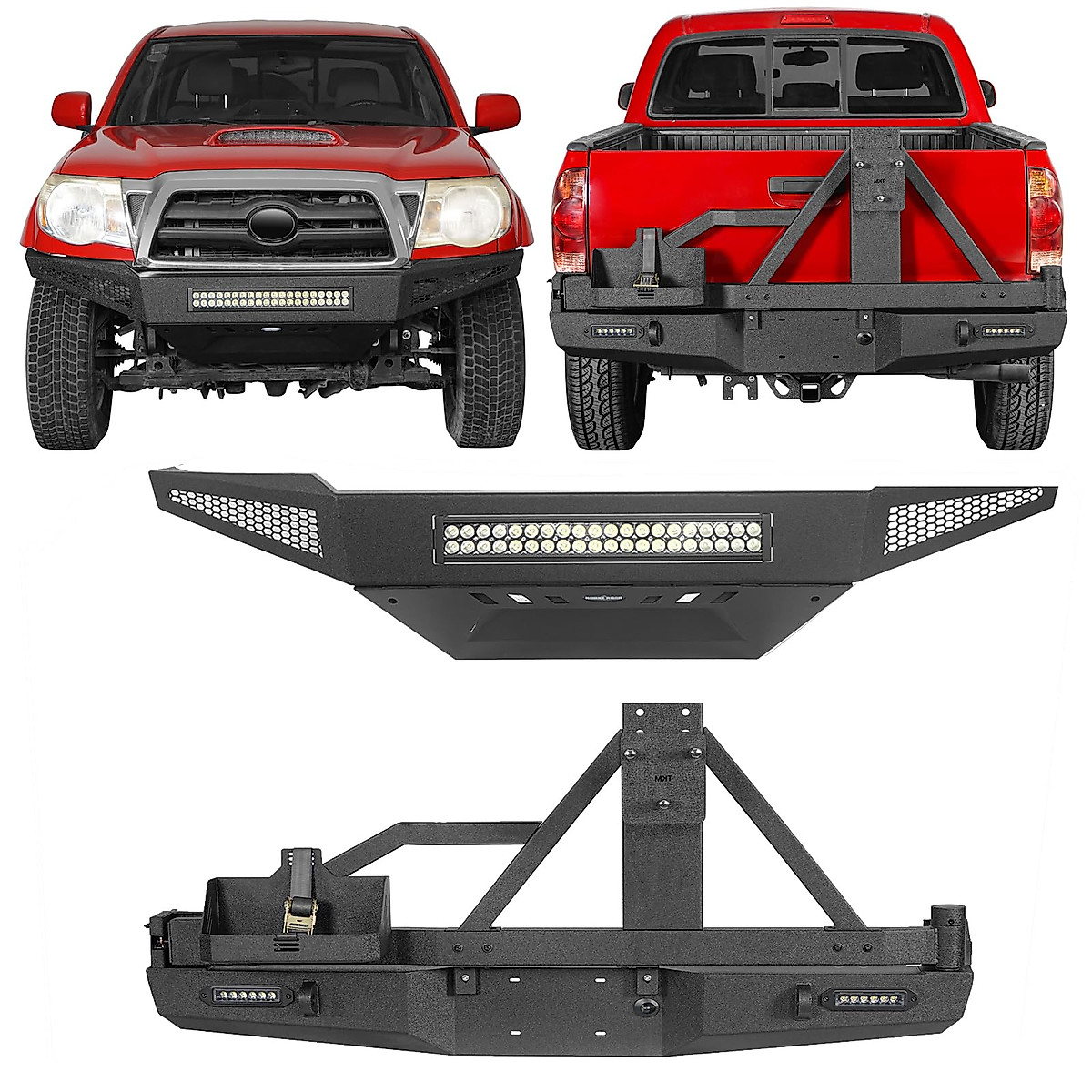 Hooke Road Tacoma Front Bumper & Rear Bumper w/Tire Carrier Combo Compatible with Toyota Tacoma 2005-2011 2nd Gen Pickup Truck (Textured Black Steel)