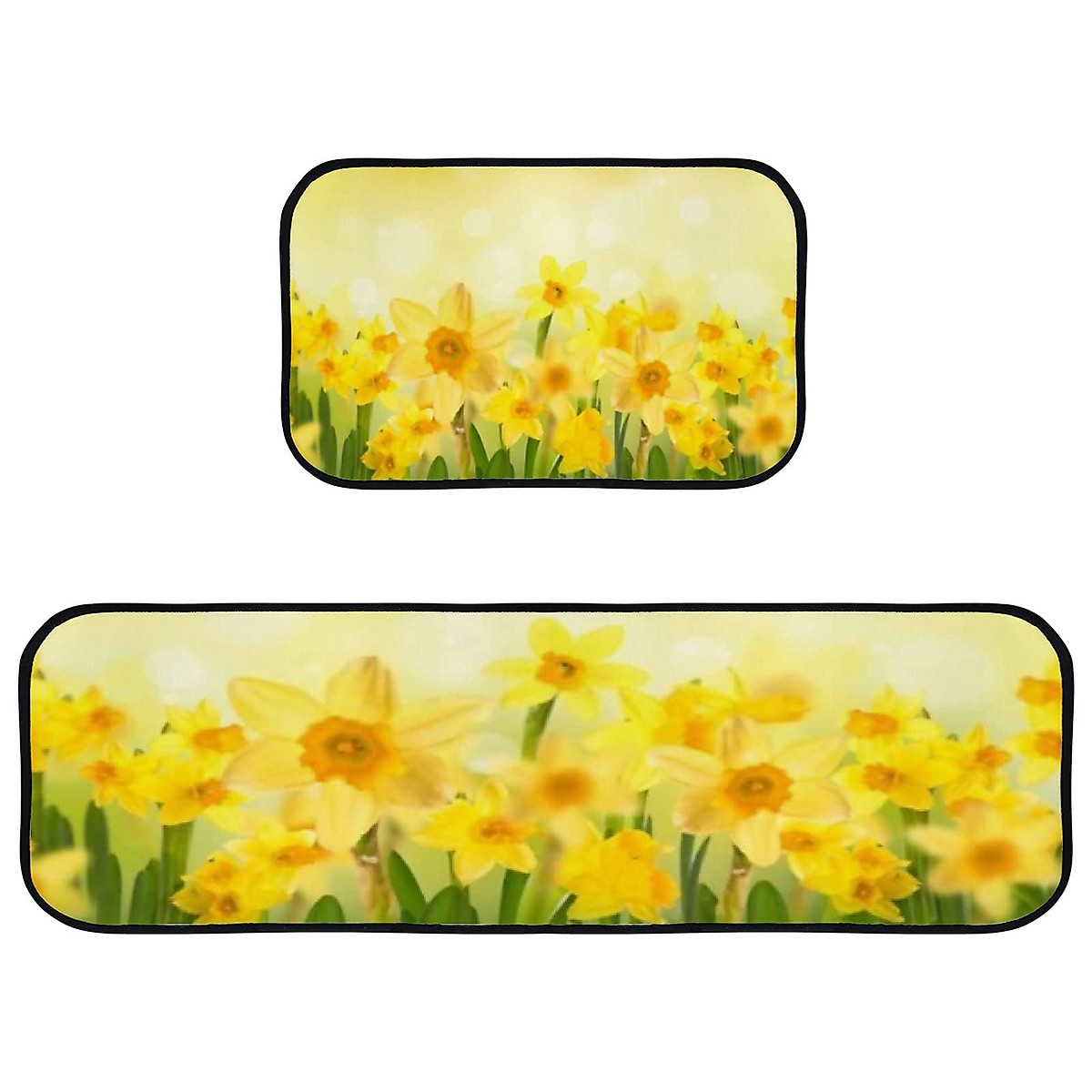 Kuizee Kitchen Mat Set of 2 Pieces Anti Fatigue Rugs Yellow Daffodils Spring Butterflies Floral Soft Water Absorbent Non-Slip Standing Mats Kitchen Decor Floor,17.7"x 29" +17.7"x58"