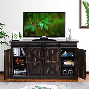 TURBRO Fireside FS58 TV Stand, Supports TVs up to 65", with Farmhouse Style Sliding Barn Door, Entertainment Center and Adjustable Shelves for Living Room Storage, Espresso (TV Stand Only)