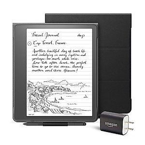 Kindle Scribe Essentials Bundle including Kindle Scribe (64 GB), Premium Pen, Leather Folio Cover with Magnetic Attach - Black, and Power Adapter