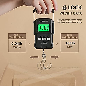 NUTRI FIT Luggage Weight Scale Fish Weighing Scales Digital Handheld Suitcase Weigher with Hook, 165lb/75kg with Measuring Tape for Travel, Fishing, Gifts