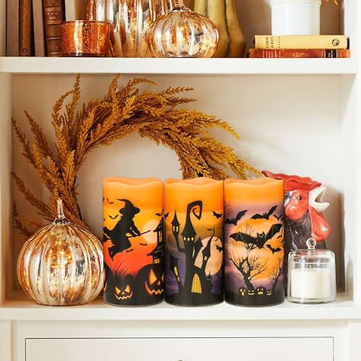 DRomance Halloween LED Flameless Pillar Candles Battery Operated with 6 Hour Timer Set of 3 Orange Wax Warm Light Flickering Witch Bats Castle Spooky Decals Halloween Decor Gifts(3 x 6 Inch)