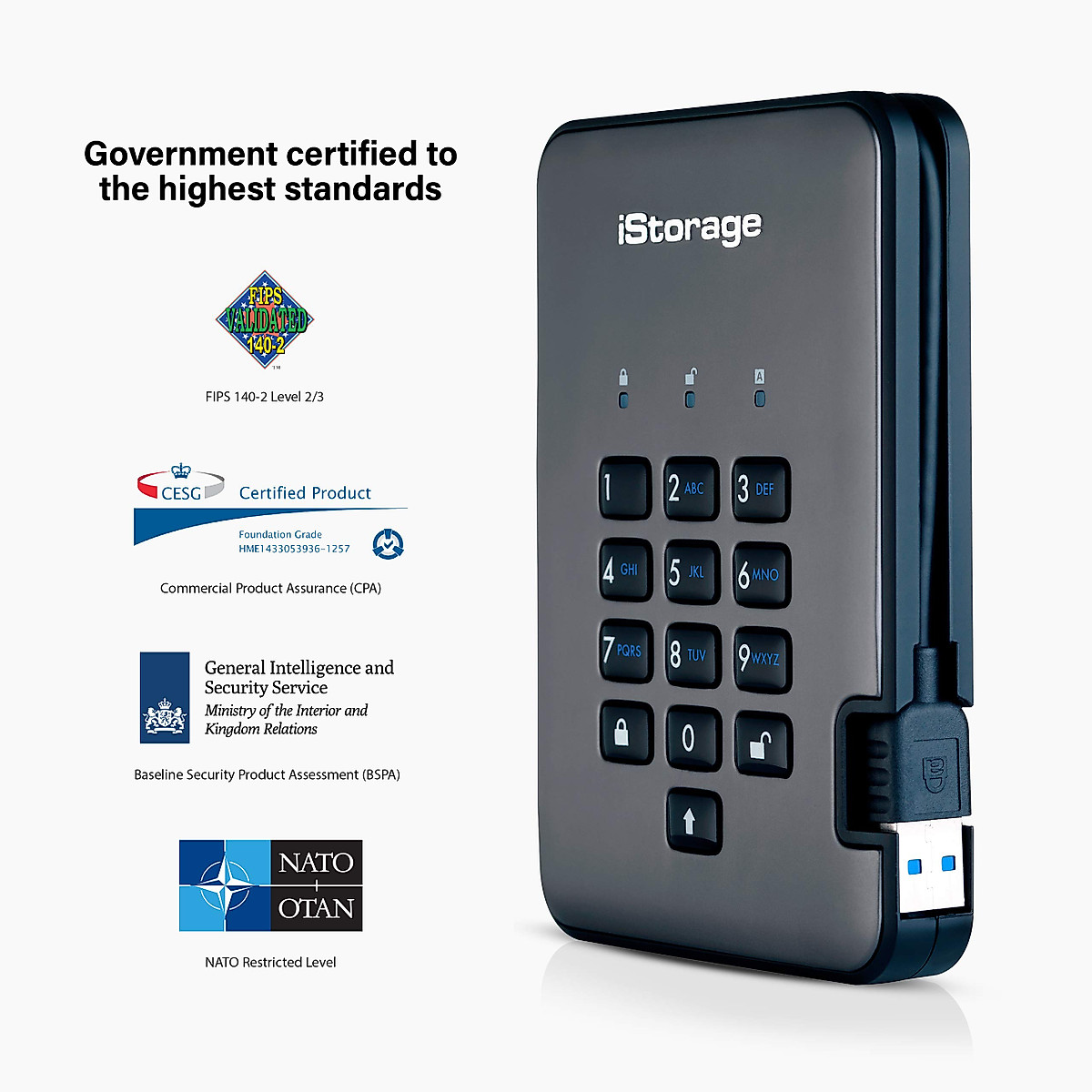 iStorage diskAshur PRO2 SSD 512GB Secure portable solid-state drive - FIPS Level 2 certified - Password protected, dust & water resistant, military grade hardware encryption IS-DAP2-256-SSD-512-C-G