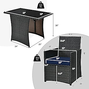 LUKEO 3PCS Patio Rattan Furniture Set Cushion Sofa Armrest Garden Deck Navy Mixed Brown