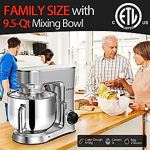 COOKLEE Stand Mixer, 9.5 Qt. 660W 10-Speed Electric Kitchen Mixer with Dishwasher-Safe Dough Hooks, Flat Beaters, Wire Whip & Pouring Shield Attachments for Most Home Cooks, SM-1551, Silver