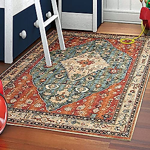 Boho Washable Area Rug 3x5 Bedroom Entry Throw Rug Distressed Medallion Bohemian Faux Wool Indoor Rug Non-Slip Low Pile Carpet for Entrance Living Room Bedroom Dining Table