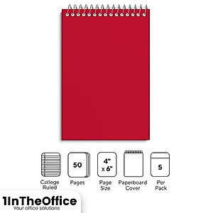 1InTheOffice Wirebound Memo Pads, 4" x 6", College, Assorted, 50 Sheets/Pad, (5 Pads)