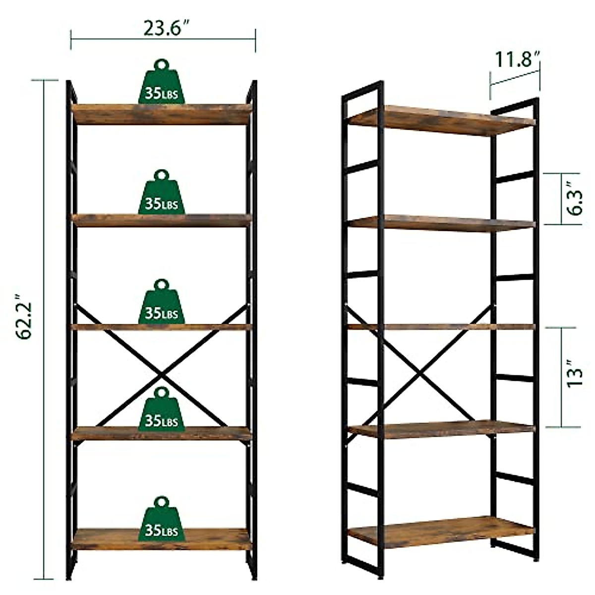 Shintenchi 5 Tiers Bookshelf, Classically Tall Bookcase Shelf, Industrial Book Rack, Modern Book Holder in Bedroom/Living Room/Home/Office, Storage Rack Shelves for Books/Movies-Rustic Brown