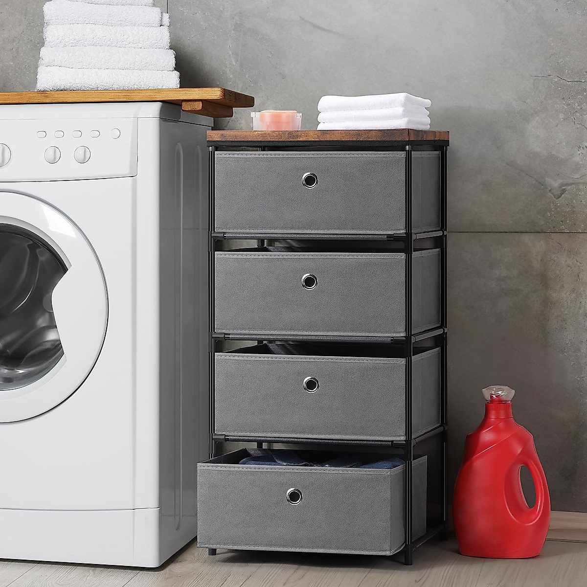 MOOACE Fabric Storage Dresser with Drawers, 4 Drawers Clothes Organizer and Storage Tower for Bedroom, Small Fabric Storage and Chest of Drawers, Gray