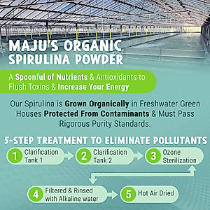 MAJU's Organic Spirulina Powder .5 lb, Microcystin Free, Non-Irradiated, Preferred to Chlorella, Preferred to Hawaiian & Blue Algae, Pure Vegan Green Protein